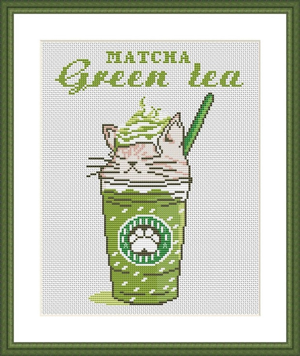 Matcha green tea funny cat free cross stitch pattern – JPCrochet