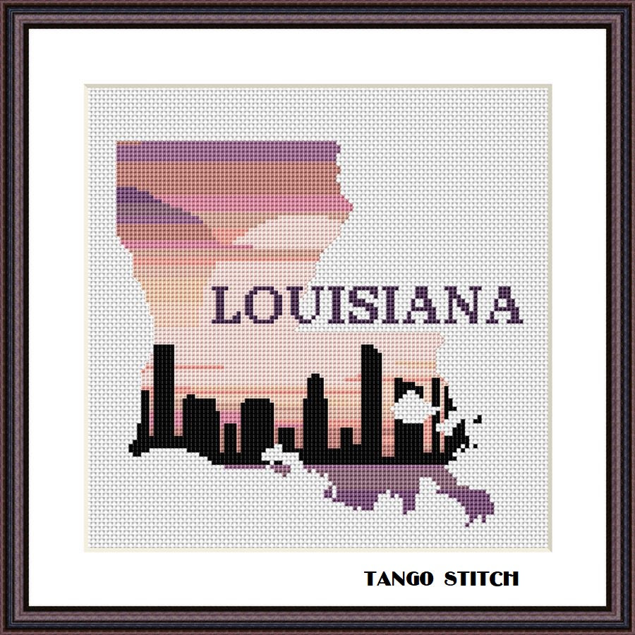 Louisiana state map skyline silhouette sunset cross stitch pattern ...