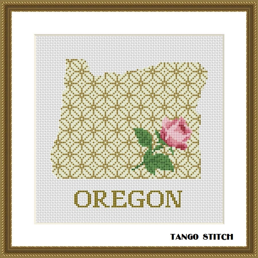 Oregon state map silhouette flower ornament cross stitch pattern ...